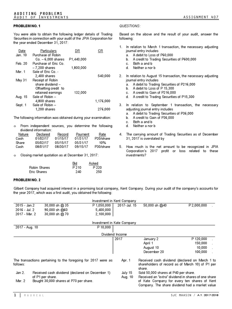 ASSIGNMENT 407 - Audit of Investments | PDF | Debits And Credits | Bonds (Finance)