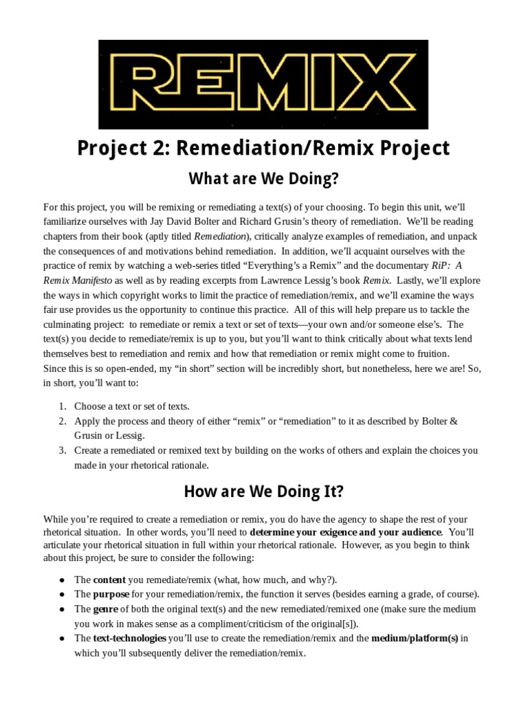 Project 2 Remediation Remix Assignment Sheet | PDF | Remix | Genre