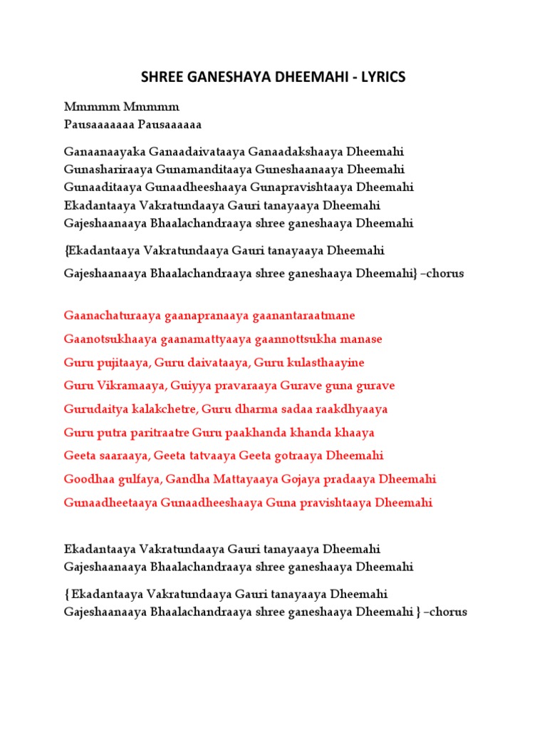 Shree Ganeshaya Dheemahi Lyrics - Doc | PDF