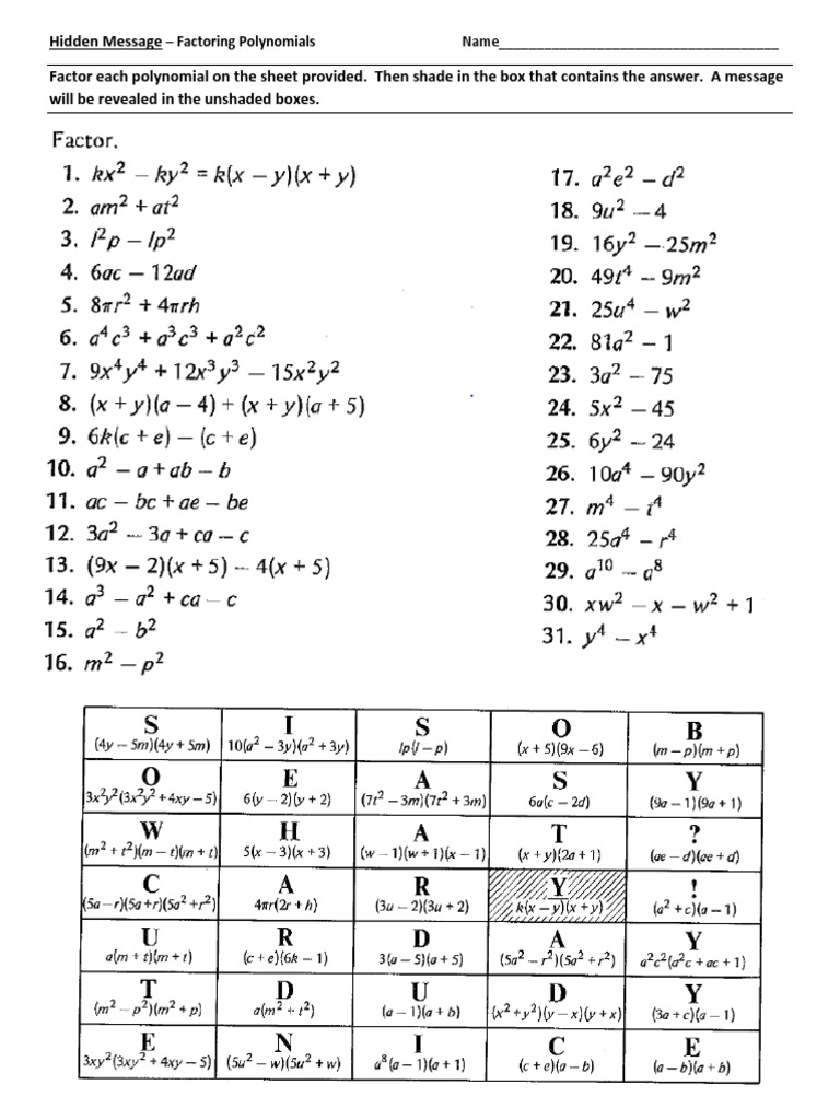 Hidden Message Wks - Factoring Polynomials | PDF