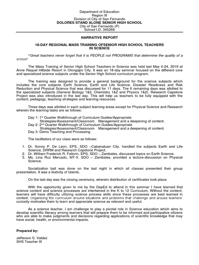 Narrative Report in 18-Days Seminar | PDF | Science Education | Curriculum