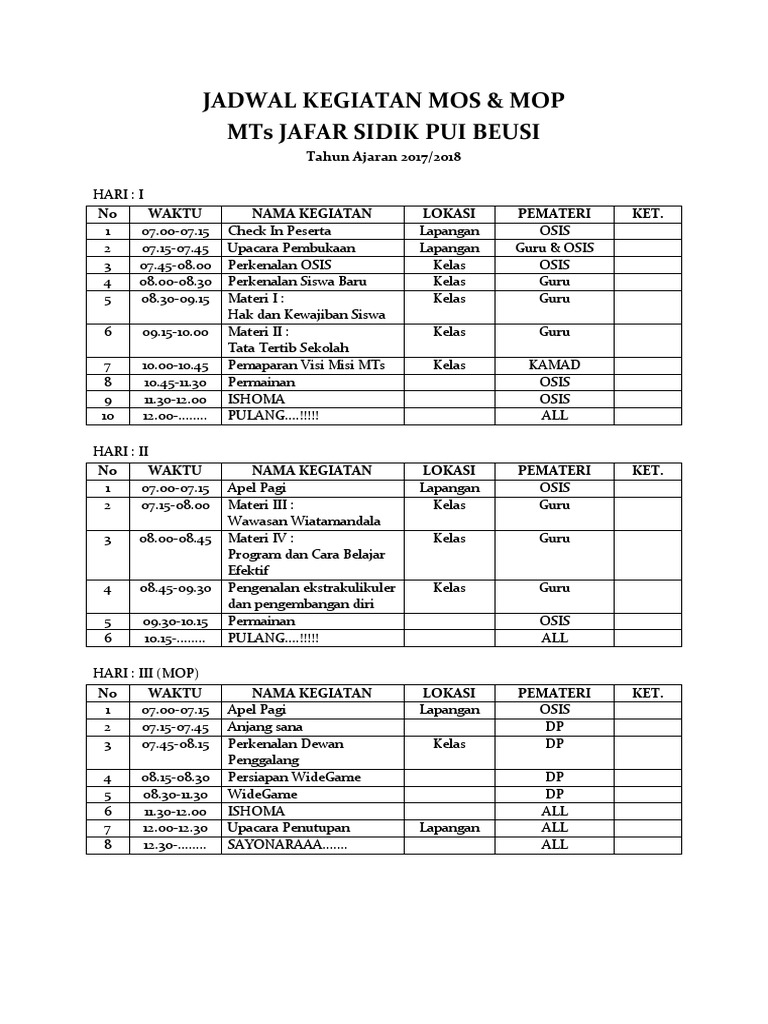 Jadwal Kegiatan Mos Mts | PDF