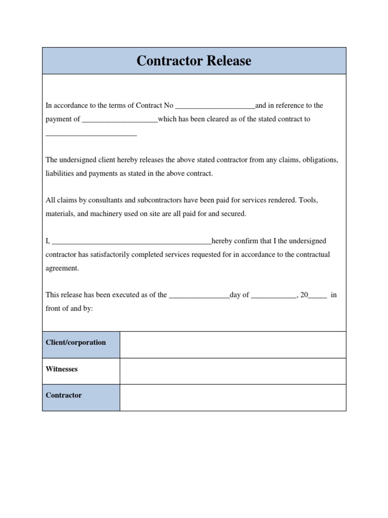 Contractor Release: Client/corporation | PDF