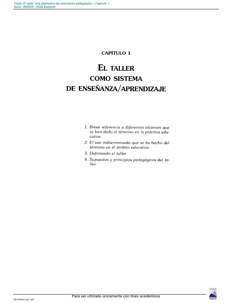 ANDER EGG - El Taller Como Alternativa de Renovacion Pedagogica - Cap 1 | PDF