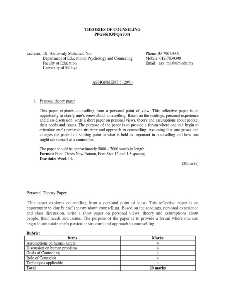 Theories of Counseling PPGS6103/PQA7001: Personal Theory Paper | PDF