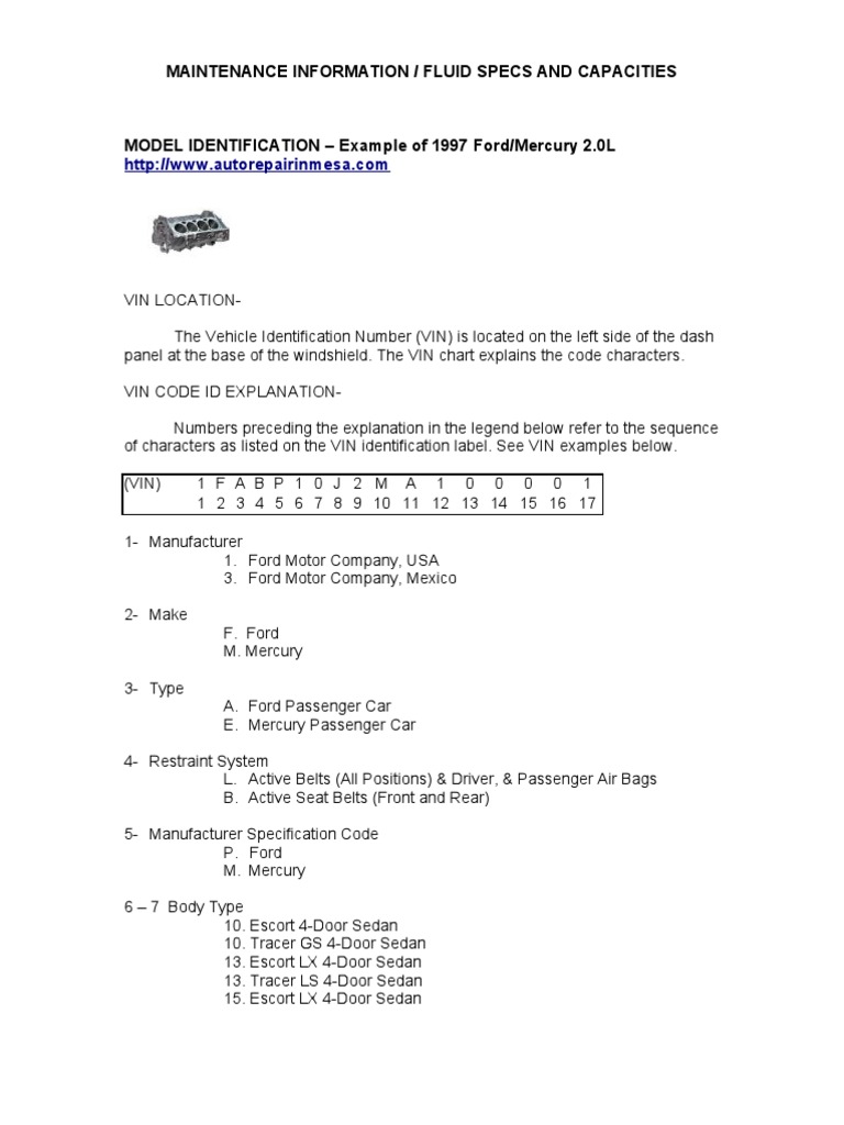 Vin Chart Explanation Fluid Specs | PDF | Sedan (Automobile) | Tire