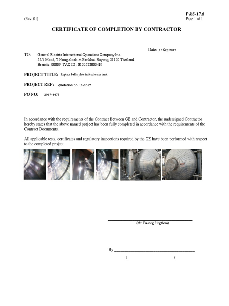 Certificate Completion For Replace Baffle Plate in Feed Water Tank | PDF