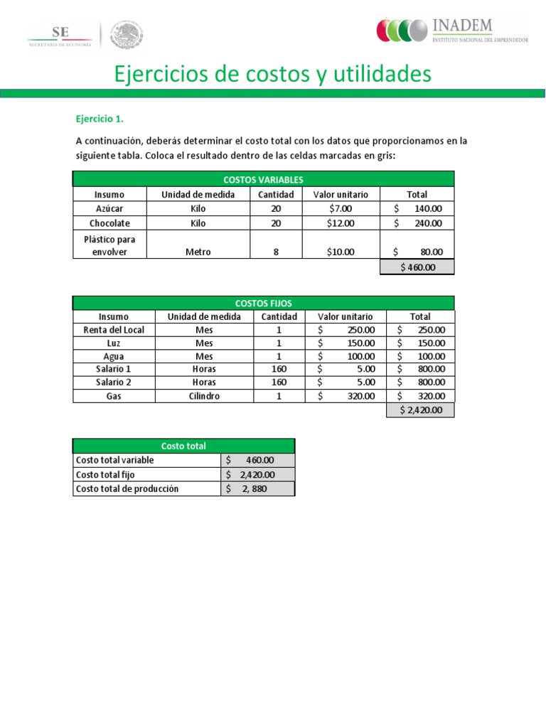Ejercicio de Costos y Utilidades Módulo 3_x | Economias | Business