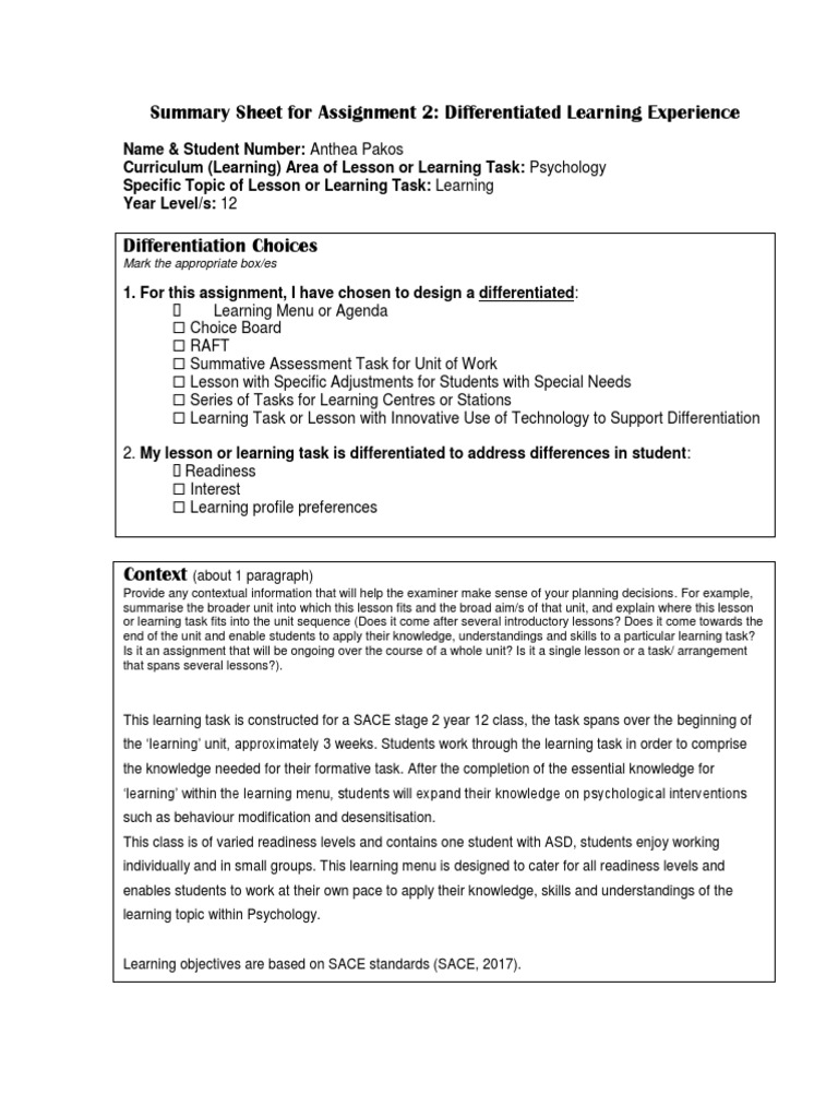 Differentiation Assignment 2 | PDF | Learning Theory (Education) | Autism Spectrum