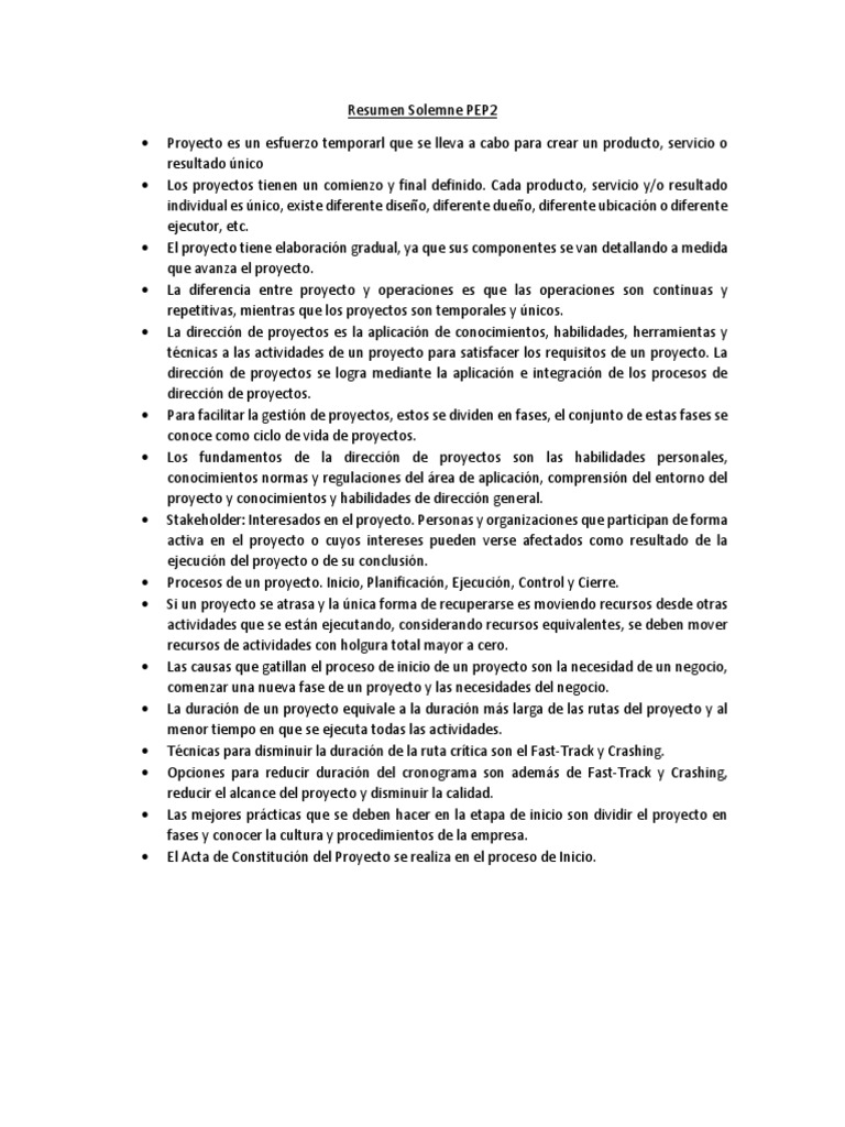 Resumen PEP2 Solemne 1 | PDF | Gestión de proyectos | Calidad (comercial)