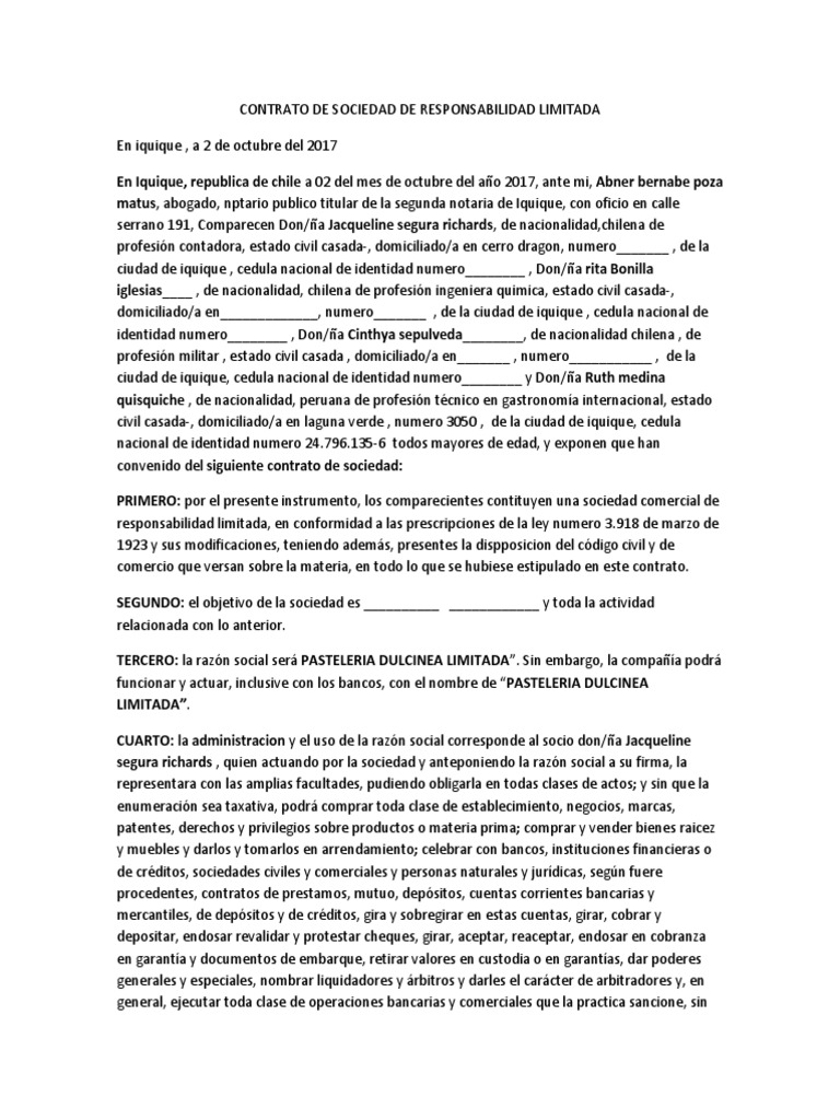 Contrato de Sociedad de Responsabilidad Limitada | PDF | Bancos | Cheque