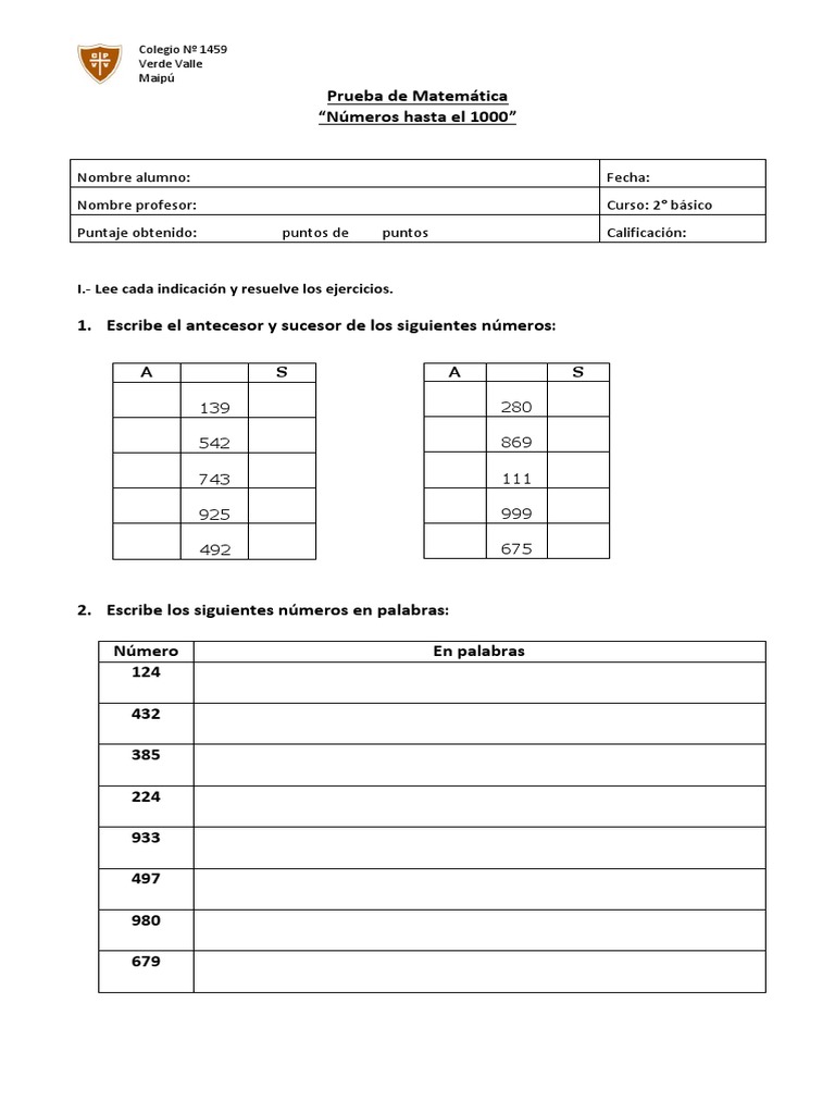 Prueba Matemática 2 - NÚMEROS HASTA EL 1000 | PDF | Ciencia y ...