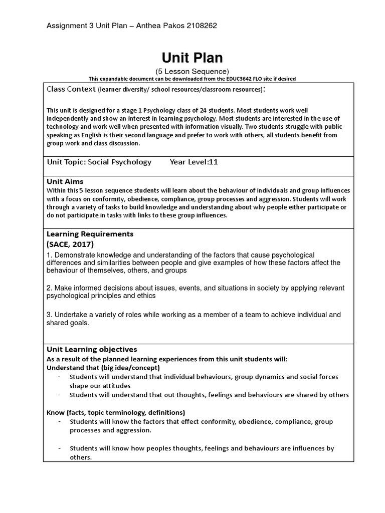 Assignment 3 - Unit Plan Anthea Pakos | PDF | Obedience (Human Behavior ...