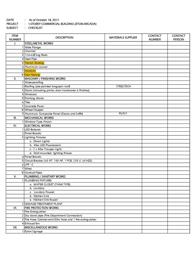 Checklist (Materials Supplier) | PDF