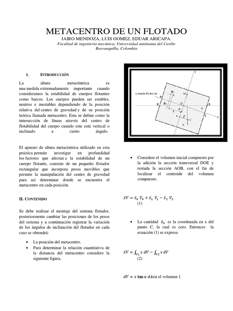 Metacentro de Un Flotador | Integral | Gradiente