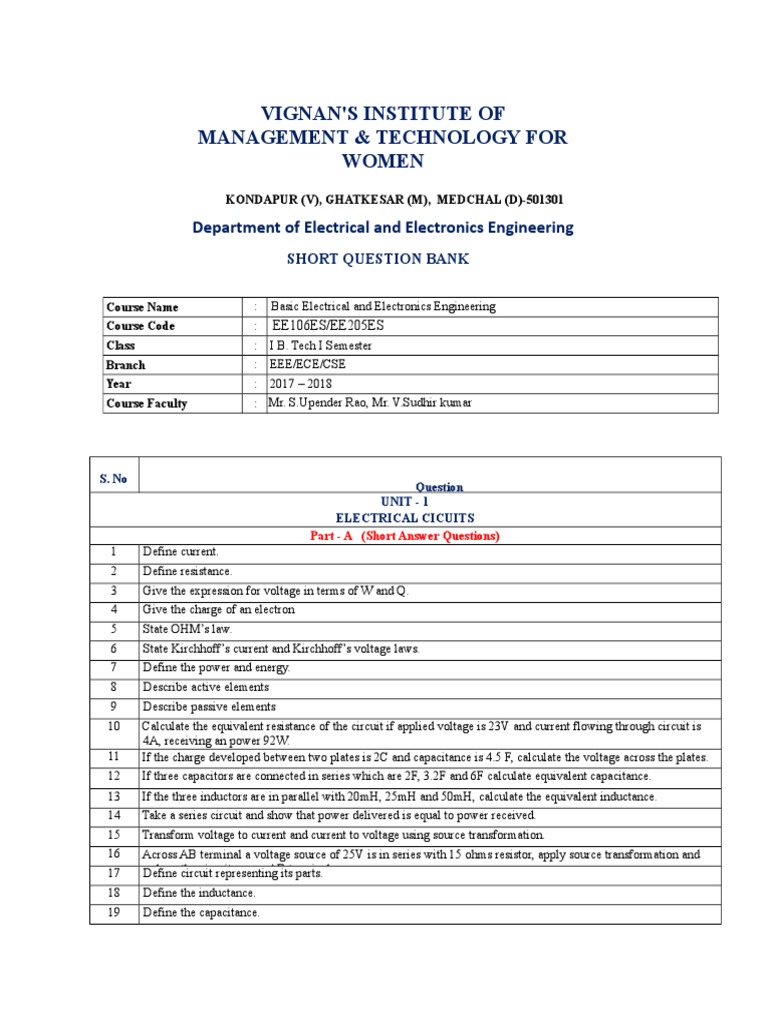 Beee (R 17) Short Question Bank 2017 | PDF | Electrical Impedance ...