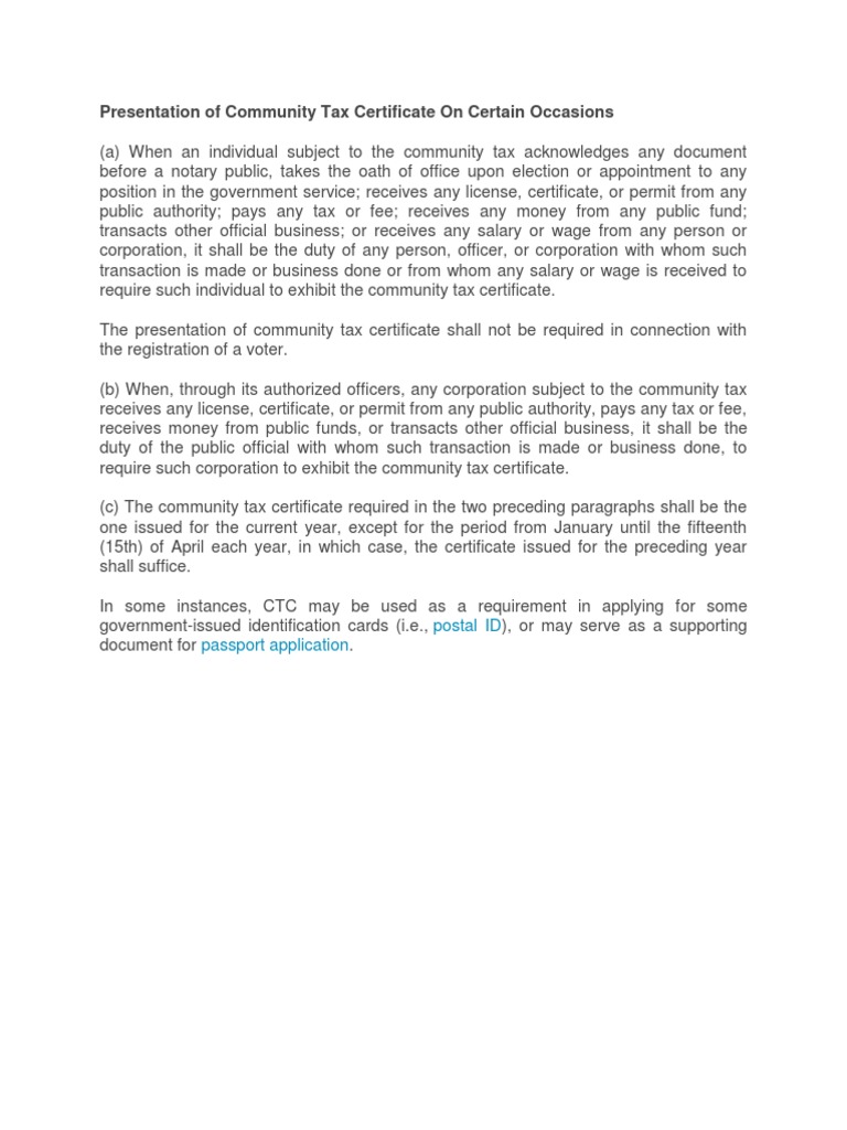 Presentation of Community Tax Certificate On Certain Occasions | PDF