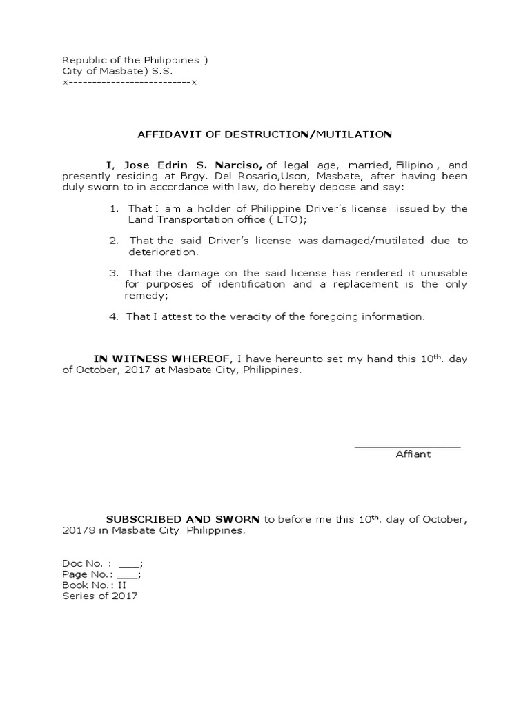 Affidavit of Destruction/Mutilation | PDF | Affidavit | Legal Procedure