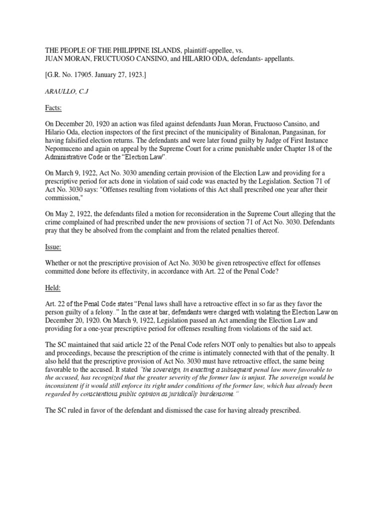 People V Moran - Case No. 11 | PDF | Ex Post Facto Law | Crime & Violence