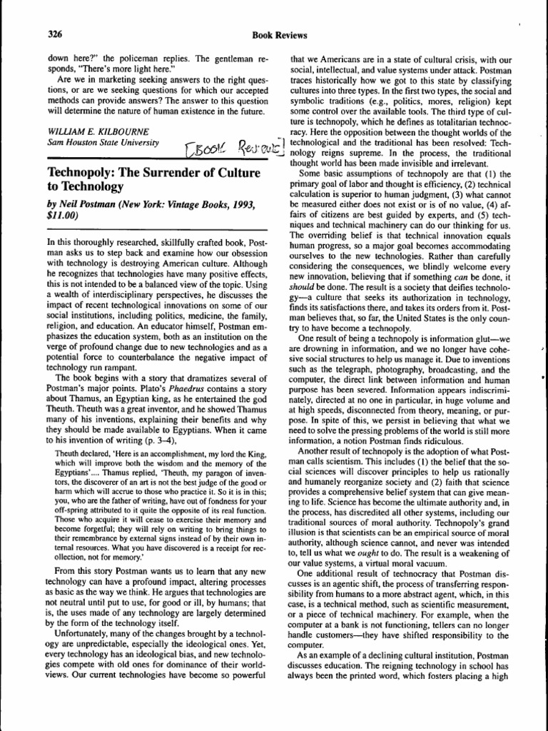 Technopoly: The Surrender of Culture To Technology: by Neil Postman ...