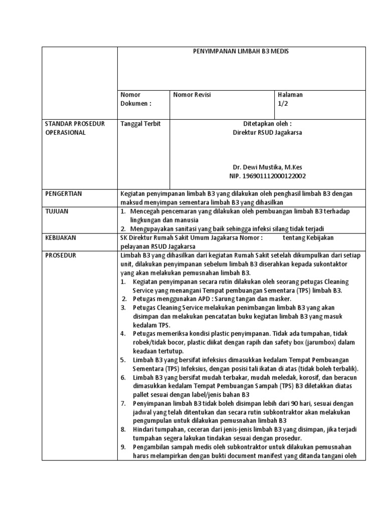 SOP TPS Dan Pengelolaan Limbah B3 Medis | PDF