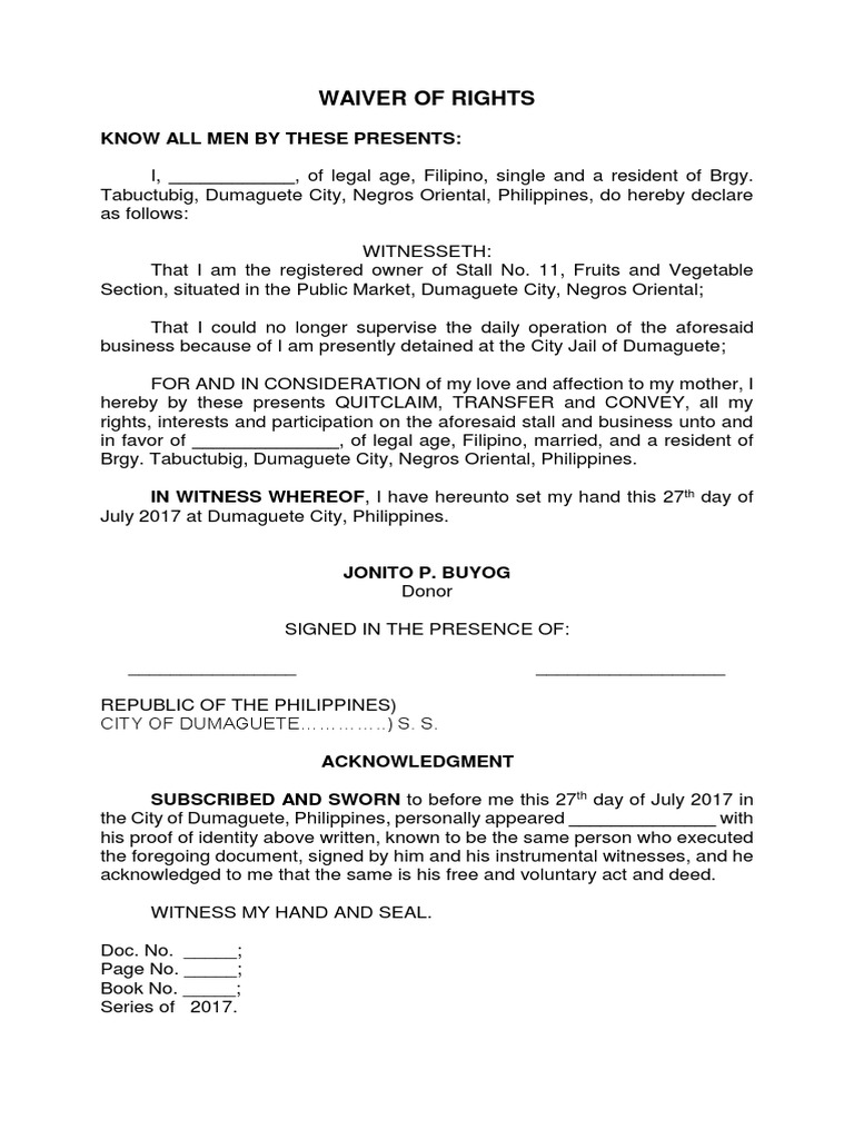 Waiver of Rights: Know All Men by These Presents | PDF