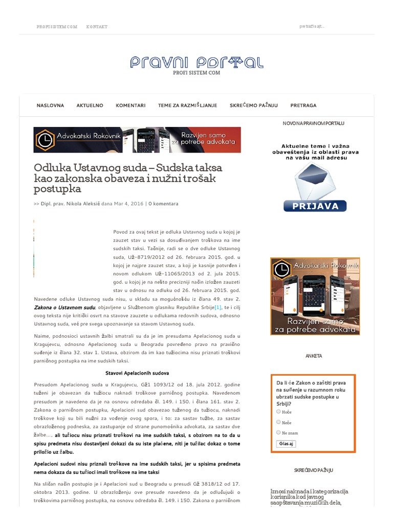 Odluka Ustavnog Suda - Sudska Taksa Kao Zakonska Obaveza I Nužni Trošak Postupka - Pravni Portal ...