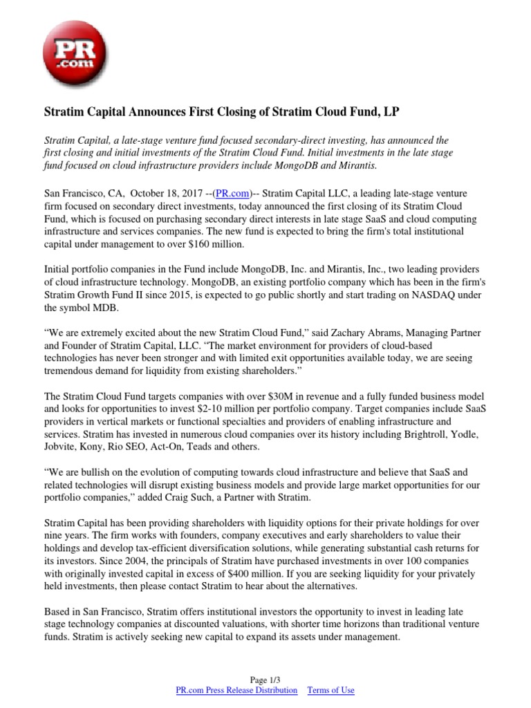 Stratim Capital Announces First Closing of Stratim Cloud Fund, LP | PDF ...