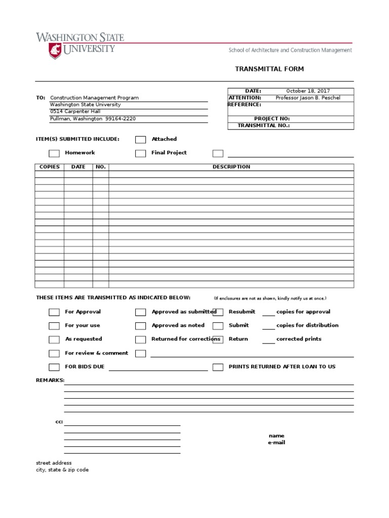 Construction Transmittal Form Template | PDF