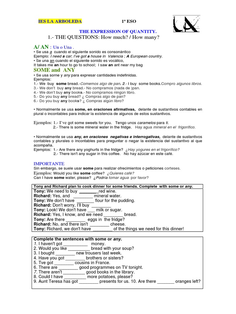 Expressing Quantity. A-An, Some and Any PDF | PDF | Cuisine | Food And ...