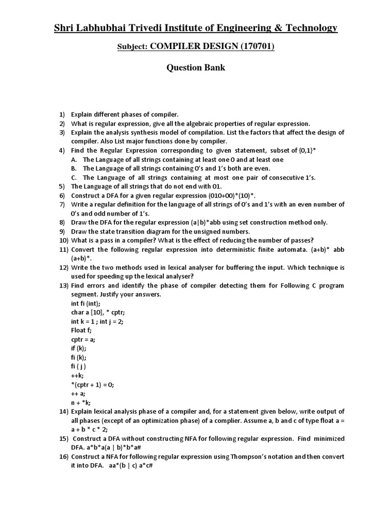 CD Question Bank | PDF | Parsing | Regular Expression