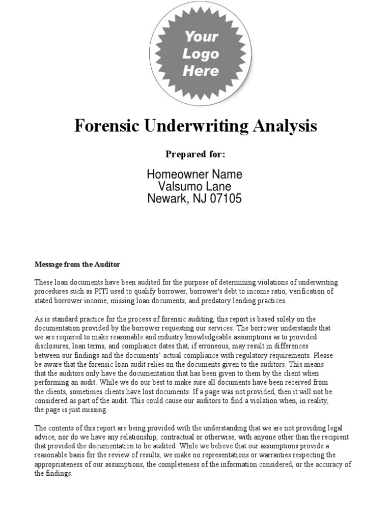 SAMPLE - Forensic Underwriting Audit | PDF | Loans | Foreclosure