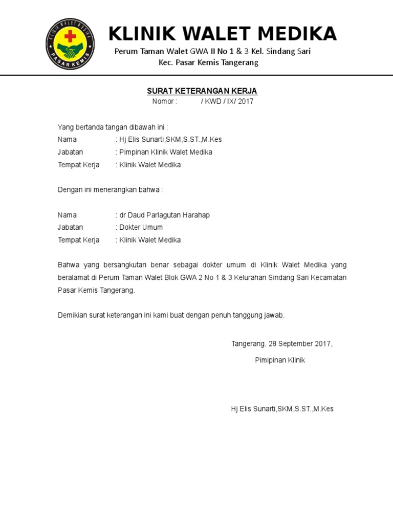 Surat Keterangan Kerja Klinik | PDF Surat Keterangan Kerja Klinik | PDF