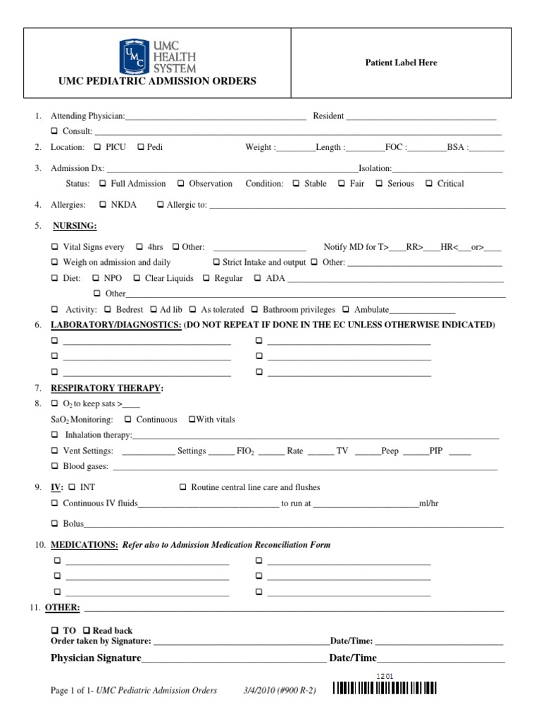 Pediatric Admission Orders for Patient with Diagnosis of an Unspecified ...
