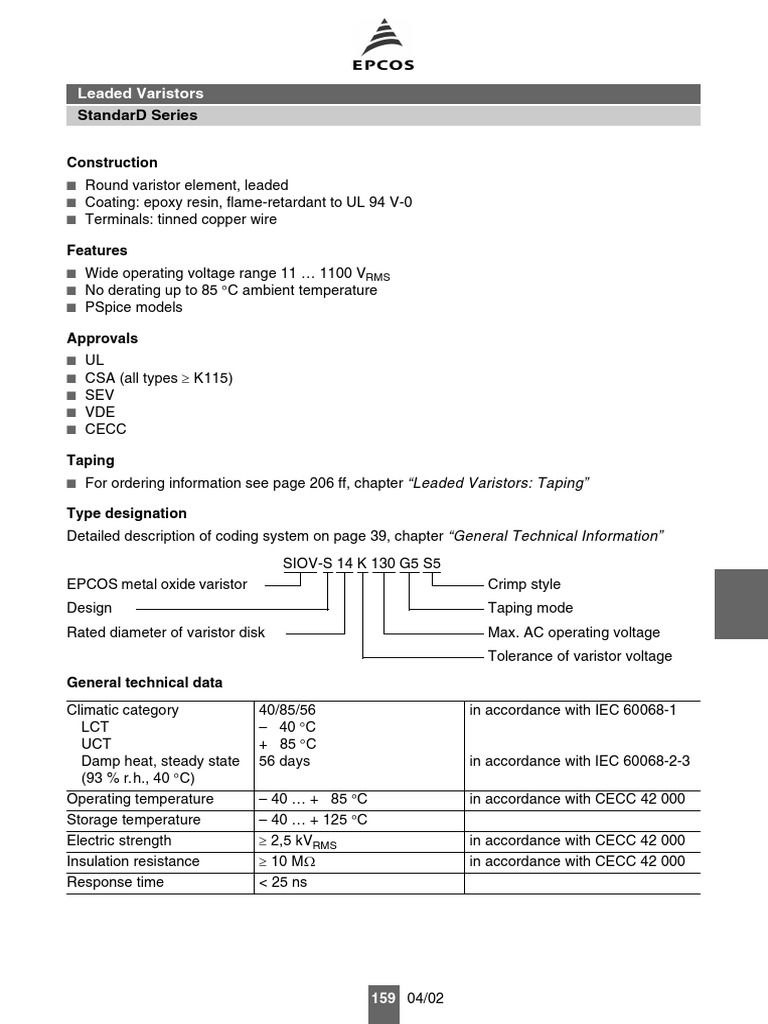 VARISTOR Datasheet PDF | PDF | Physical Quantities | Electrical Engineering