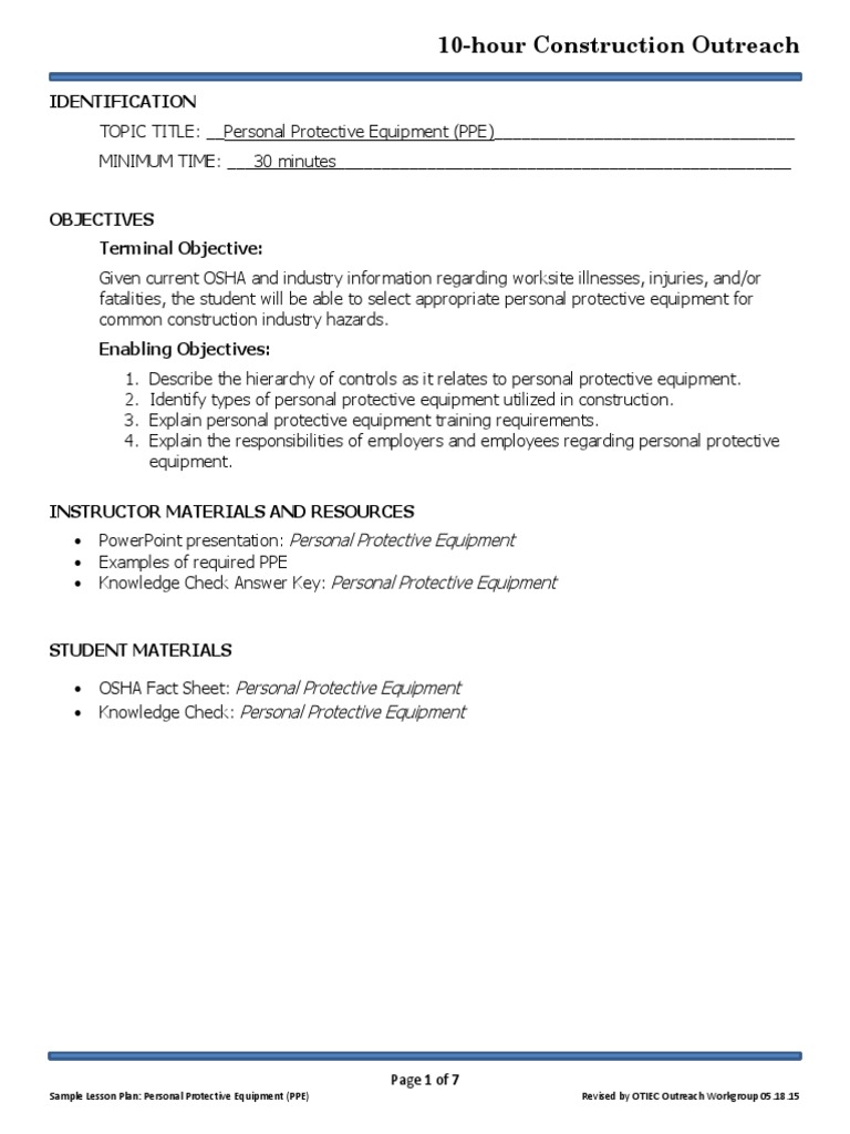 OTIEC Lesson Plan - PPE - v.05.18.15 | PDF | Personal Protective ...
