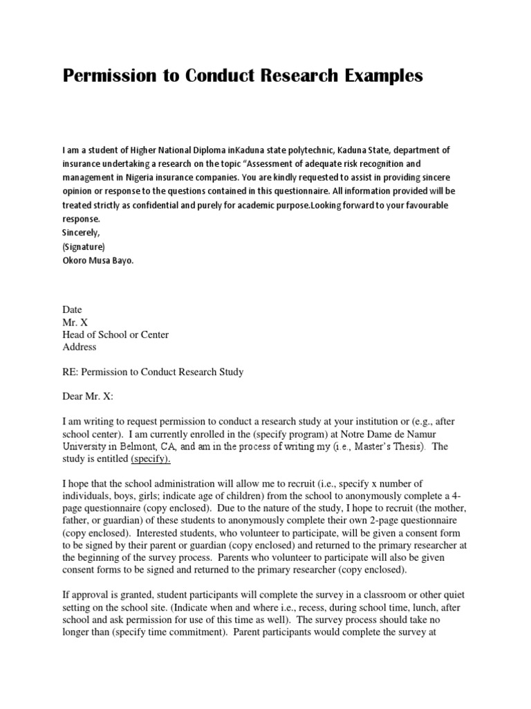 Permission To Conduct Research Examples | PDF | Questionnaire | Survey Methodology