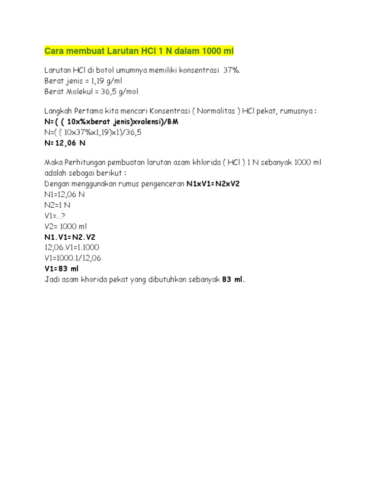 Pembuatan Larutan HCl 1 N 1000 ml | PDF