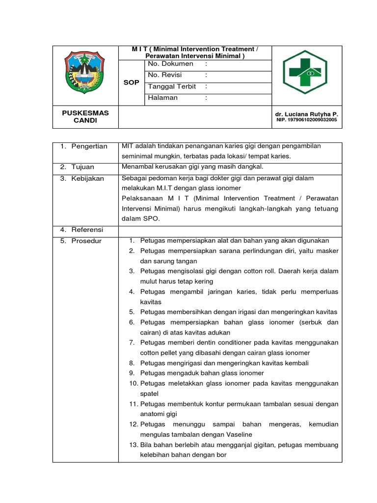 Minimal Intervention Treatment Standard Operating Procedure | PDF