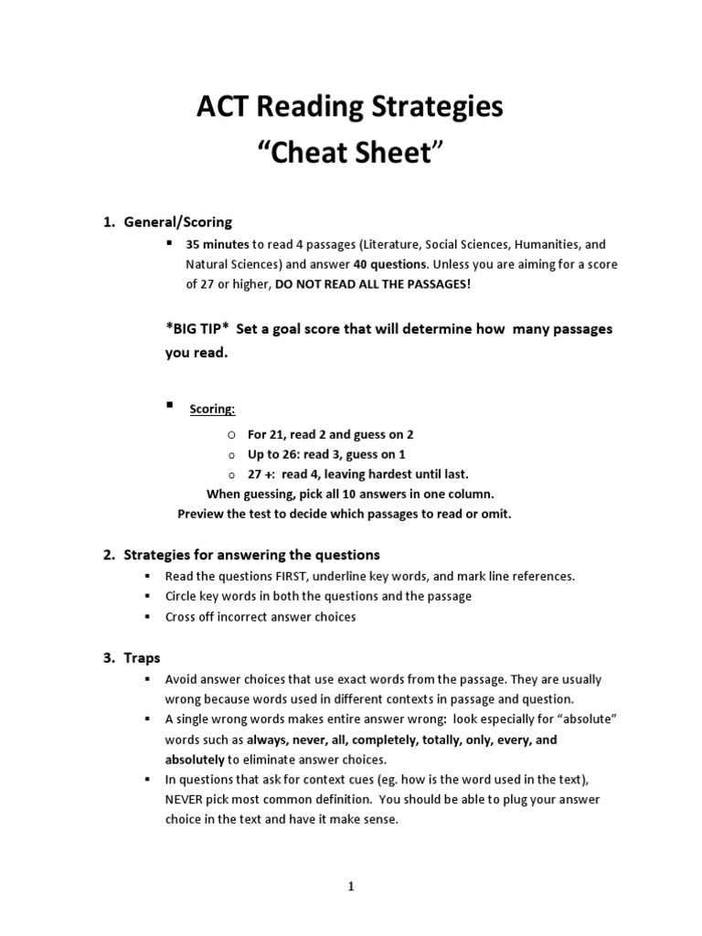 ACT Reading Strategies Cheat Sheet | PDF