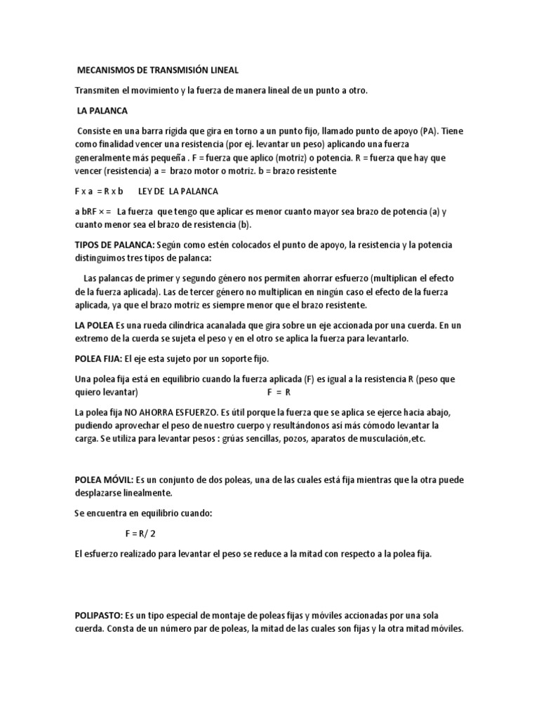Mecanismos de Transmisión Lineal | PDF | Palanca | Fuerza