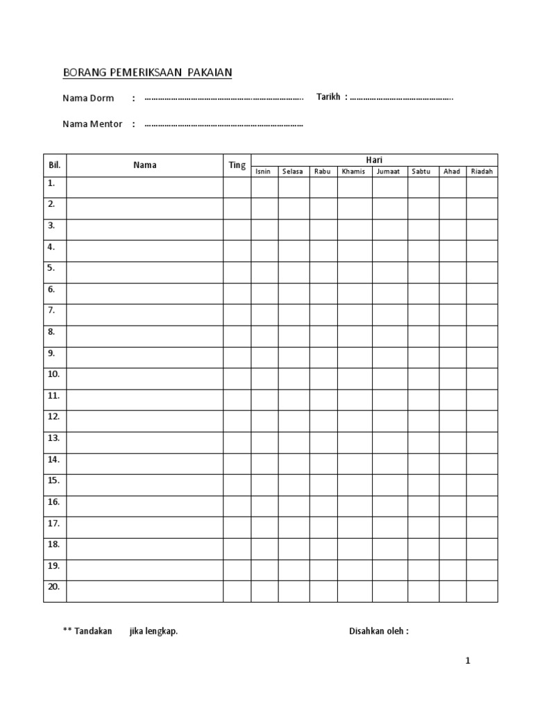 Borang Check Pakaian | PDF