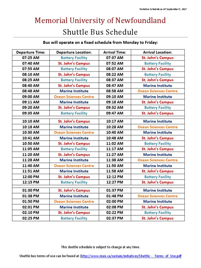 Memorial University of Newfoundland: Shuttle Bus Schedule | Download ...