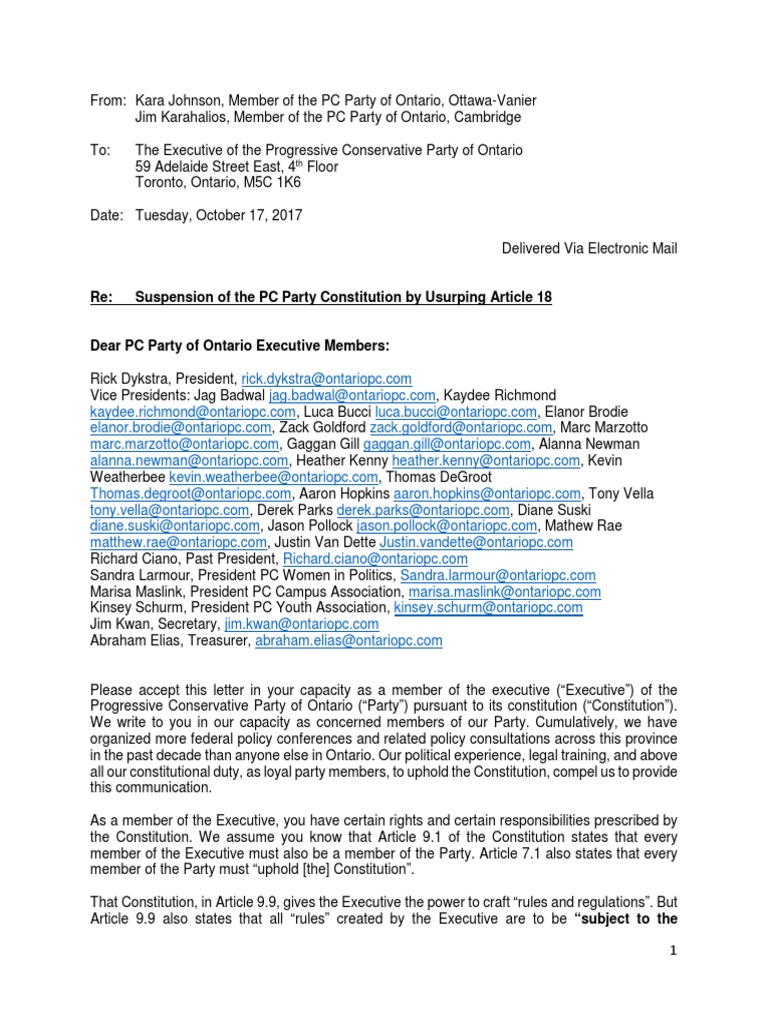 Dear PC Party of Ontario Executive Members | PDF | Veto | Constitution