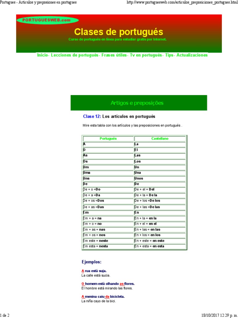 Guía básica de artículos y preposiciones en portugués | PDF | Portugal ...