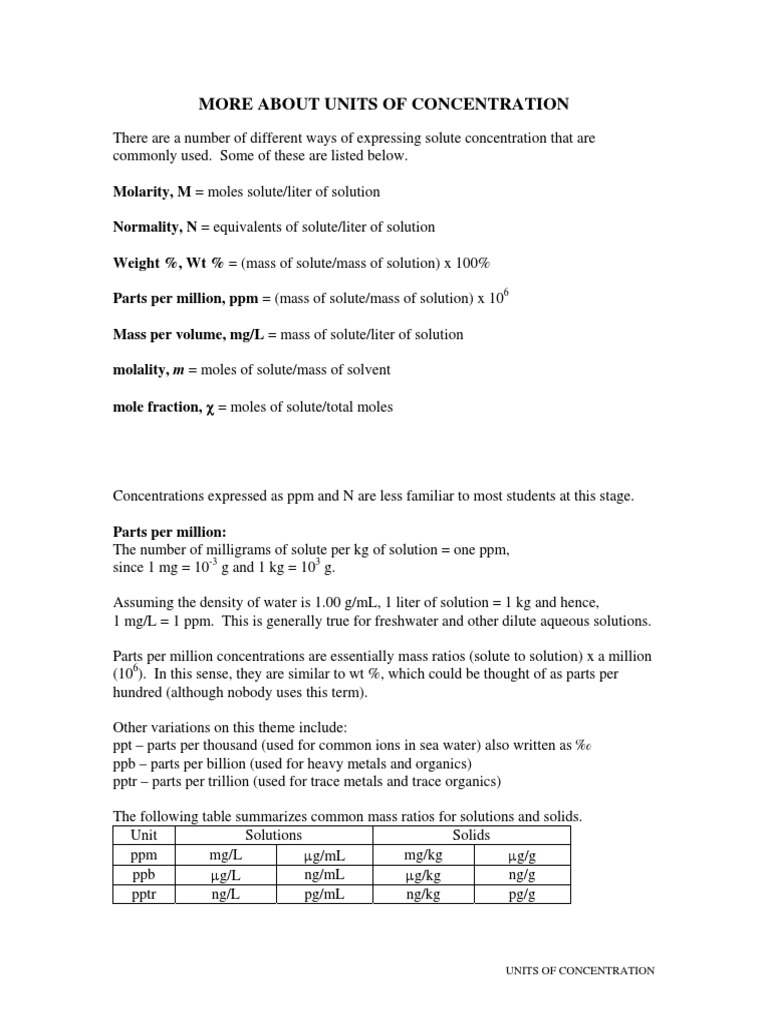Units of Concentration | PDF | Parts Per Notation | Mole (Unit)