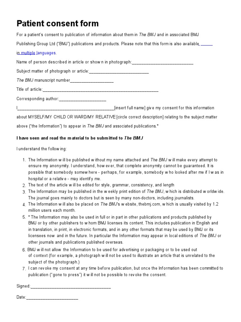 BMJ Patient Consent Form for Publication | PDF | Communication