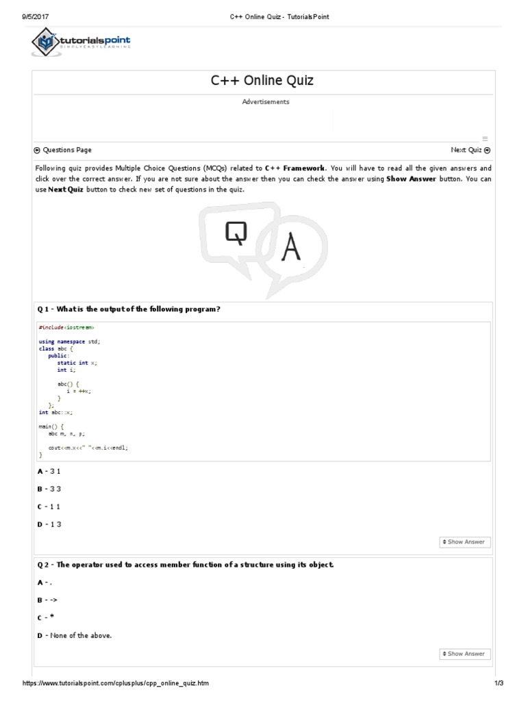 C++ Online Quiz - TutorialsPoint | PDF | C++ | Programming Paradigms
