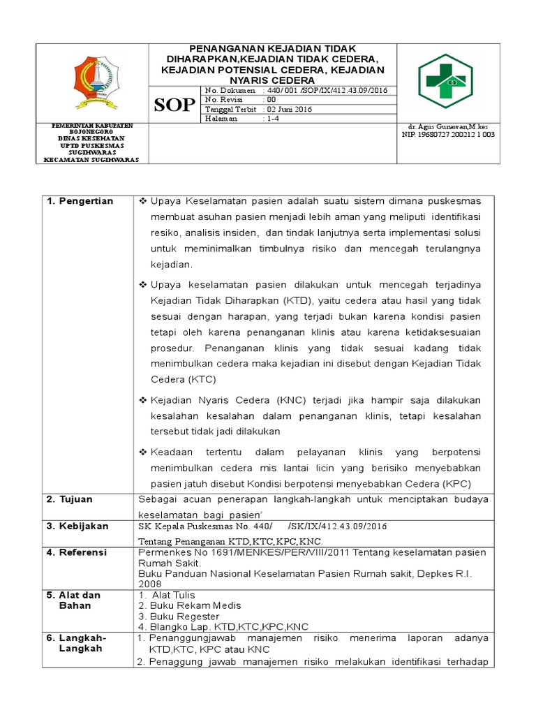 9.1.1.f. SOP Kejadian Tidak Diharapkan KTD, KPC, KNC | PDF