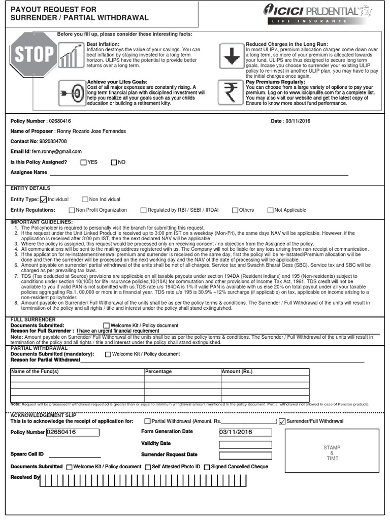 Surrender Form | PDF | Cheque | Insurance